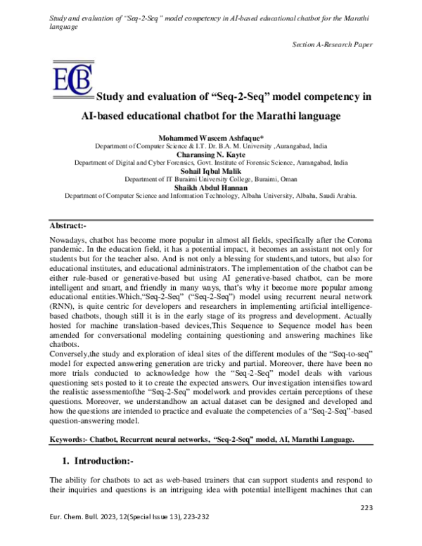 (PDF) Study and evaluation of "Seq-2-Seq" model competency in AI-based educational chatbot for ...