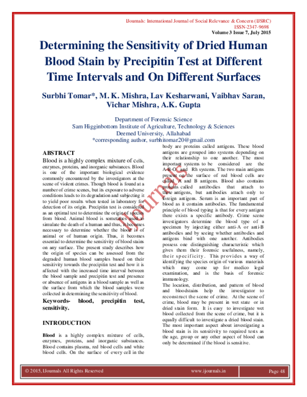 (PDF) Determining the Sensitivity of Dried Human Blood Stain by ...