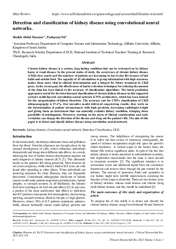 (PDF) Detection and classification of kidney disease using convolutional neural networks