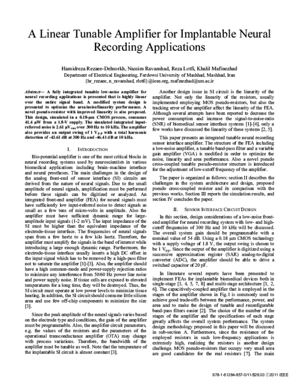 (PDF) A linear tunable amplifier for implantable neural recording applications | reza lotfi ...