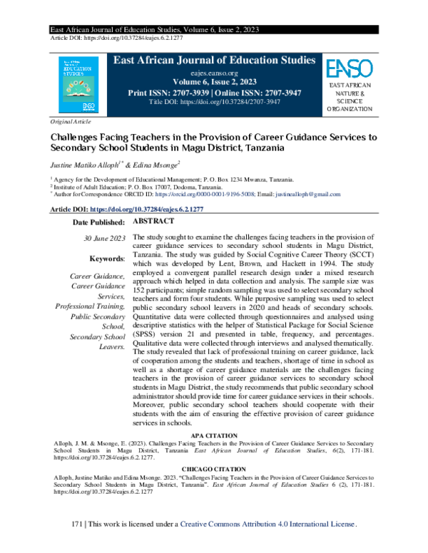 (PDF) Challenges Facing Teachers in the Provision of Career Guidance Services to Secondary ...