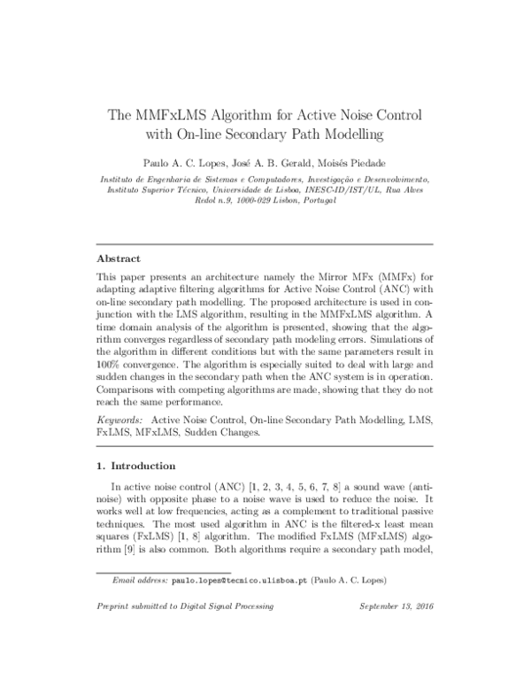 Pdf The Mmfxlms Algorithm For Active Noise Control With On Line Secondary Path Modelling