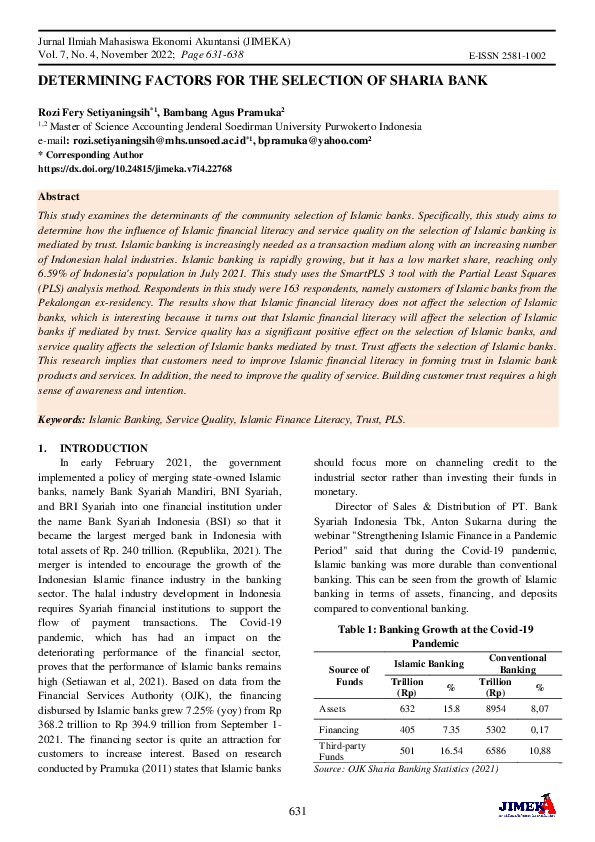 (PDF) Determining Factors for the Selection of Sharia Bank