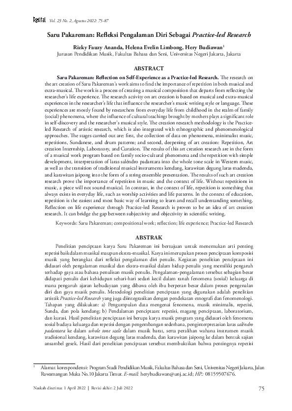 (PDF) Saru Pakareman: Refleksi Pengalaman Diri sebagai Practice-led Research