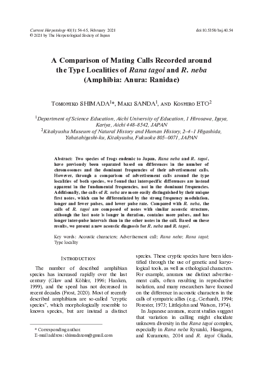 (PDF) A Comparison of Mating Calls Recorded around the Type Localities of Rana tagoi and R. neba ...