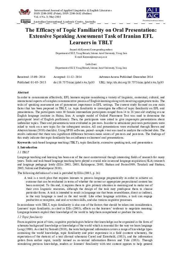 (PDF) The Efficacy of Topic Familiarity on Oral Presentation: Extensive ...