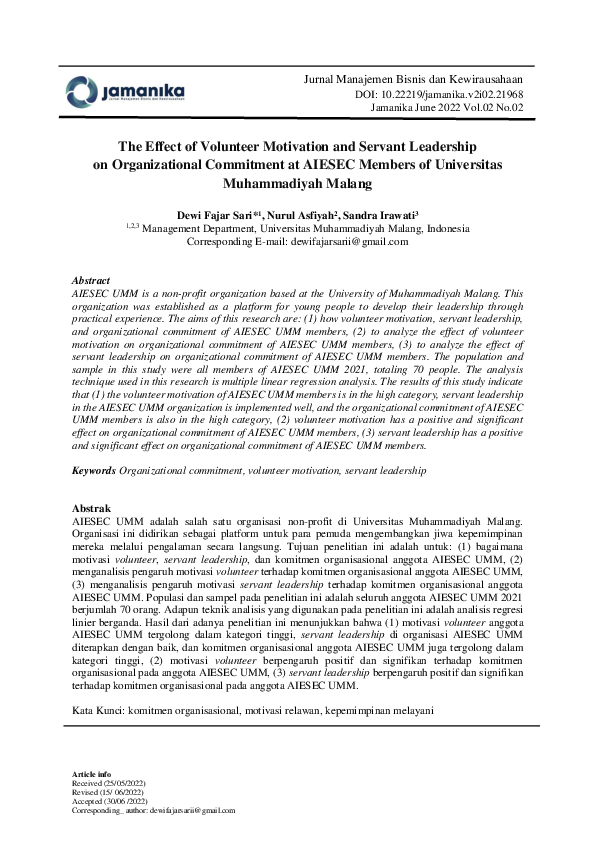 (PDF) The Effect of Volunteer Motivation and Servant Leadership on Organizational Commitment at ...
