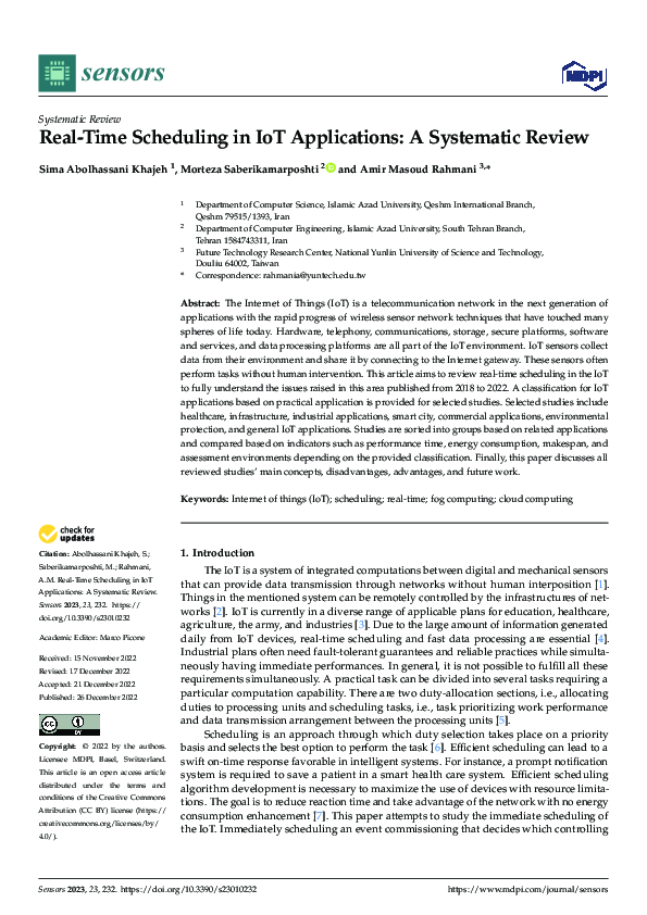 Pdf Real Time Scheduling In Iot Applications A Systematic Review Morteza Saberi Kamarposhti 