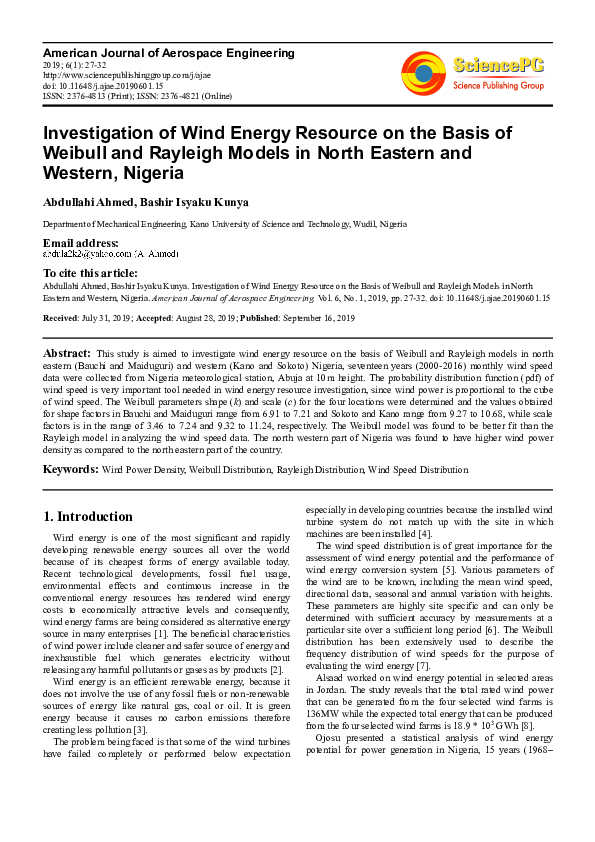 (PDF) Investigation of Wind Energy Resource on the Basis of Weibull and Rayleigh Models in North ...