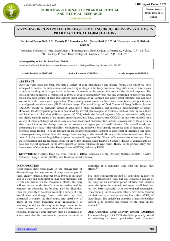 (PDF) A REVIEW ON CONTROLLED RELEASE FLOATING DRUG DELIVERY SYSTEMS IN PHARMACEUTICAL FORMULATIONS