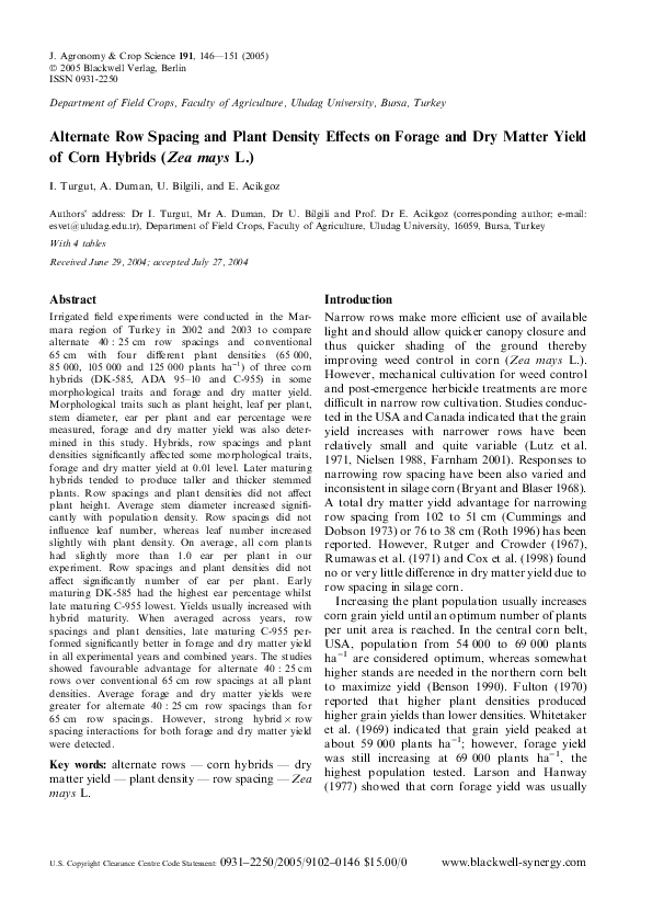 (PDF) Alternate Row Spacing and Plant Density Effects on Forage and Dry ...