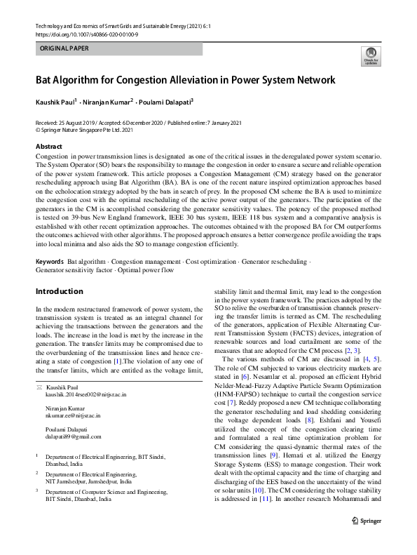 (PDF) Bat Algorithm for Congestion Alleviation in Power System Network