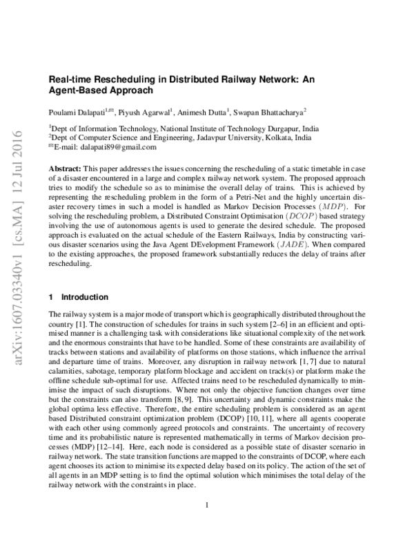 (PDF) Real-time Rescheduling in Distributed Railway Network: An Agent-Based Approach