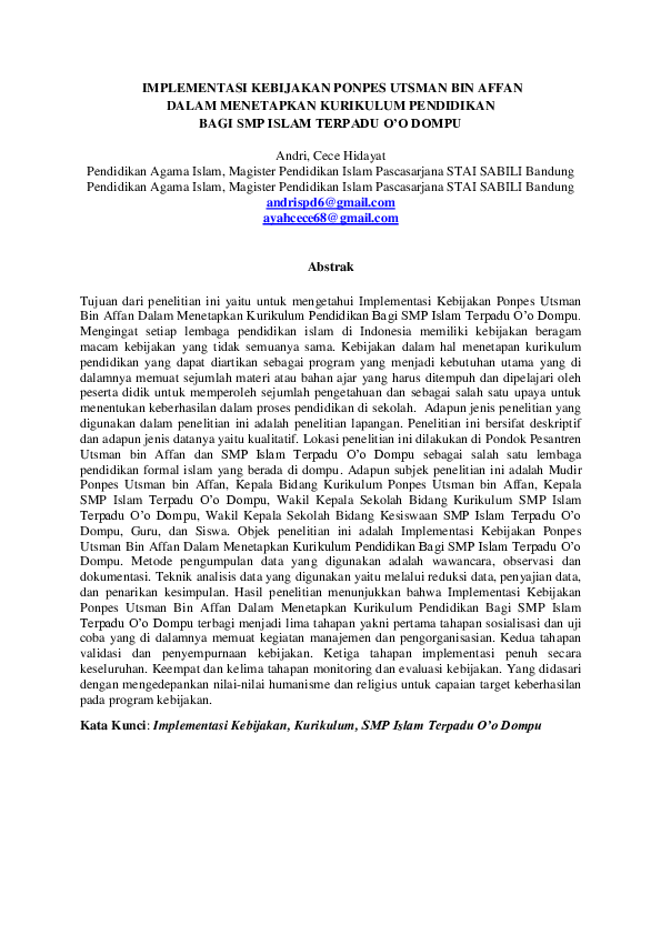 (PDF) IMPLEMENTASI KEBIJAKAN PONPES UTSMAN BIN AFFAN DALAM MENETAPKAN ...