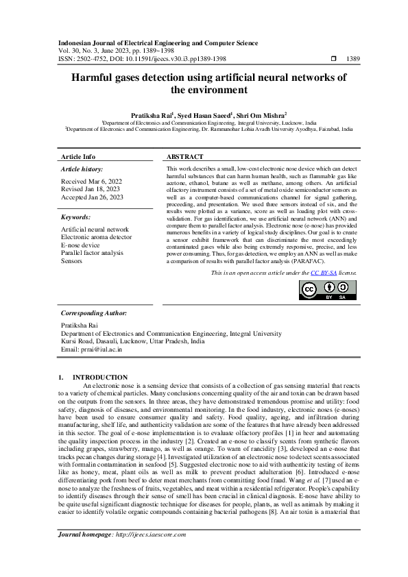 (PDF) Harmful gases detection using artificial neural networks of the environment