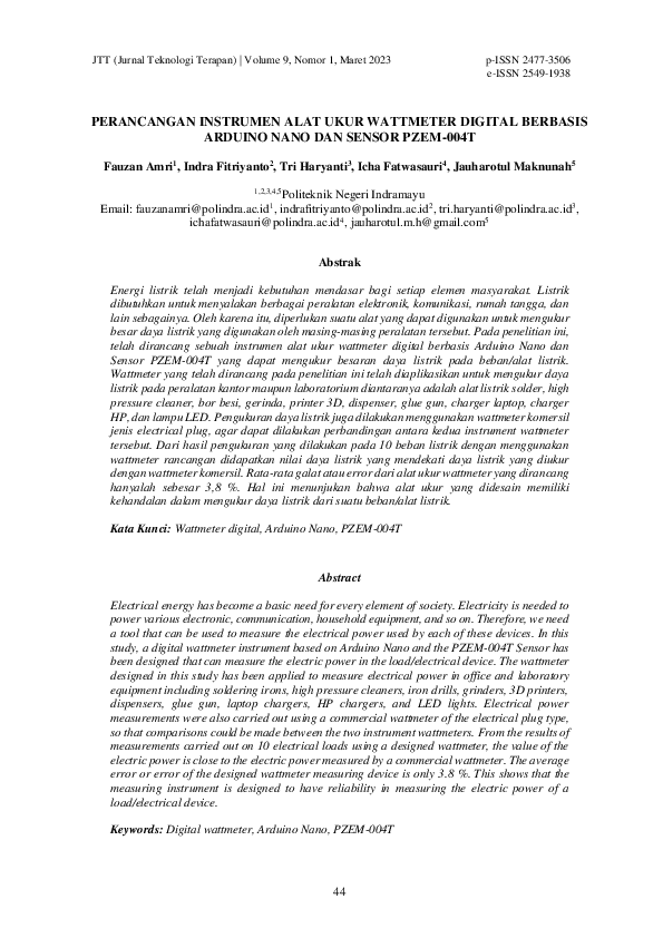Pdf Perancangan Instrumen Alat Ukur Wattmeter Digital Berbasis Arduino Nano Dan Sensor Pzem 004t