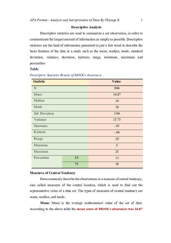 Pdf Apa Format Statistics Analysis And Interpretation
