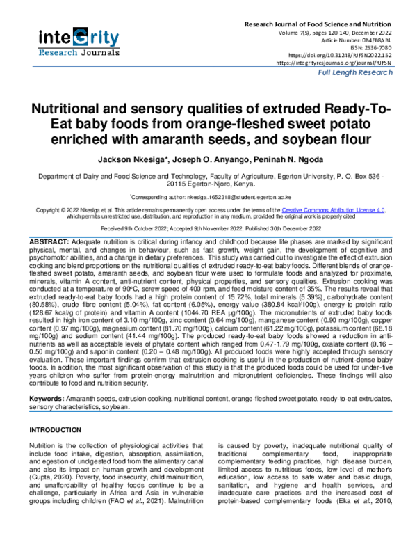 (PDF) Nutritional and sensory qualities of extruded Ready-To-Eat baby ...