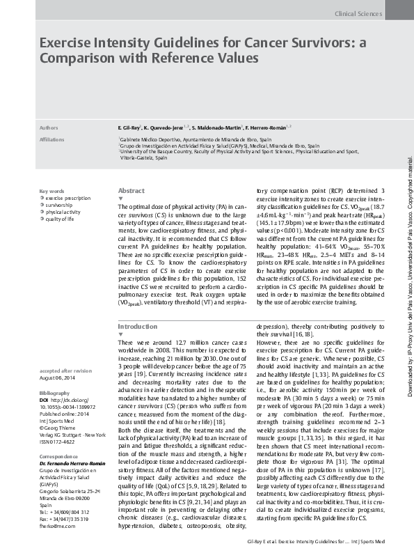 (PDF) Exercise Intensity Guidelines for Cancer Survivors: a Comparison ...