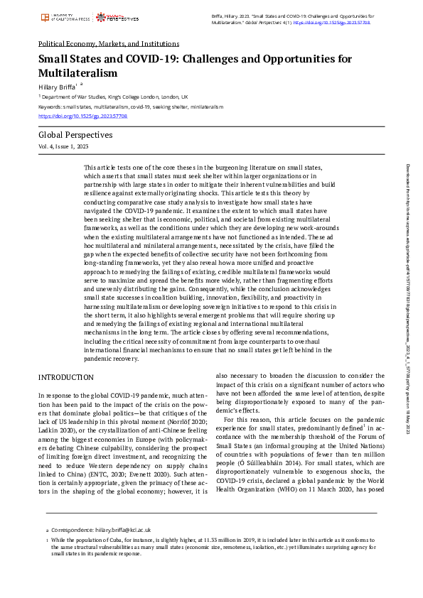 (PDF) Small States and COVID-19: Challenges and Opportunities for ...
