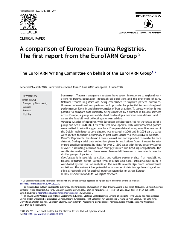 (PDF) A comparison of European Trauma Registries