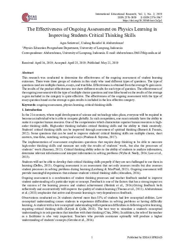 (PDF) The Effectiveness of Ongoing Assessment on Physics Learning in Improving Students Critical ...