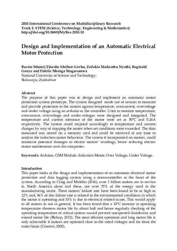 (PDF) Design and Implementation of an Automatic Electrical Motor Protection