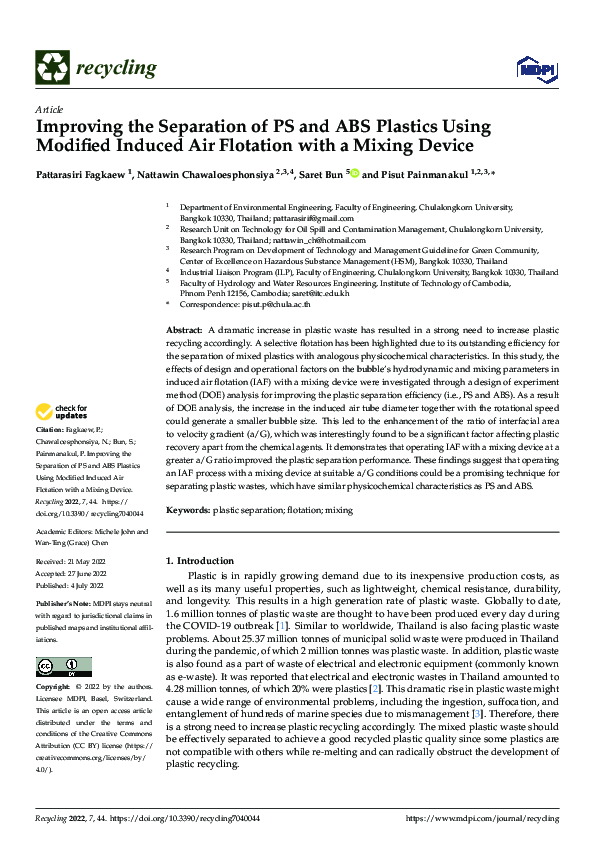 (PDF) Improving the Separation of PS and ABS Plastics Using Modified ...
