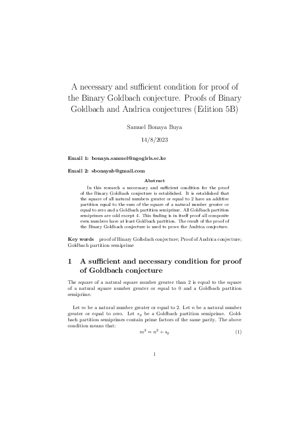 (PDF) Sufficient Condition for Binary Goldbach Conjecture
