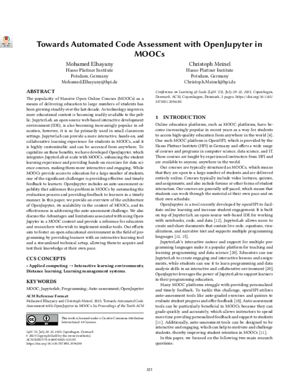 (PDF) Towards Automated Code Assessment with OpenJupyter in MOOCs