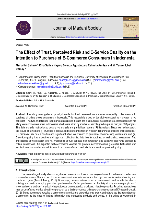 (PDF) The Effect of Trust, Perceived Risk and E-Service Quality on the ...