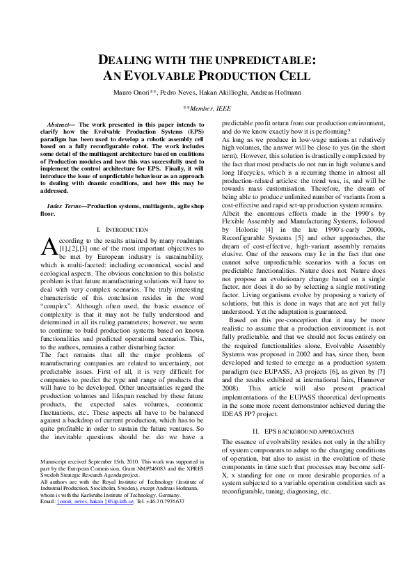 (PDF) Dealing with the Unpredictable : An Evolvable Production Cell