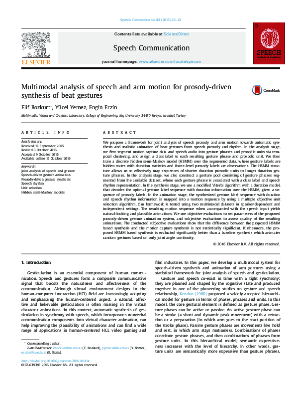 (PDF) Multimodal analysis of speech and arm motion for prosody-driven synthesis of beat gestures