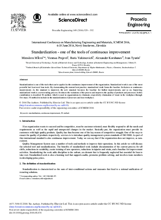 (PDF) Standardization – One of the Tools of Continuous Improvement