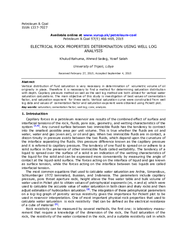 (PDF) Electrical Rock Properties Determination Using Well Log Analysis | Yosef Salah - Academia.edu