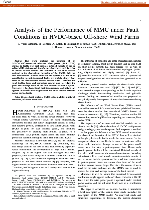 (PDF) Analysis of the Performance of MMC Under Fault Conditions in HVDC-Based Offshore Wind Farms