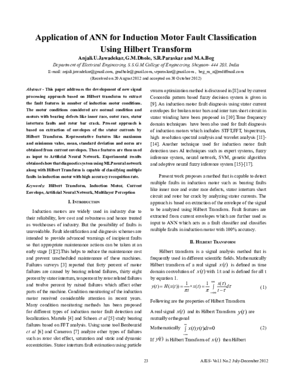 (PDF) Application of ANN for Induction Motor Fault Classification Using Hilbert Transform