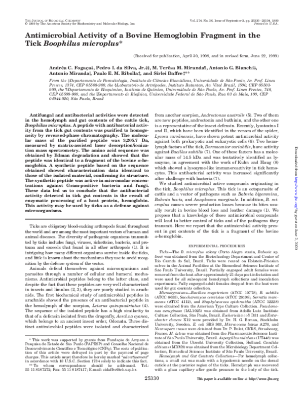 (PDF) Antimicrobial Activity of a Bovine Hemoglobin Fragment in the ...