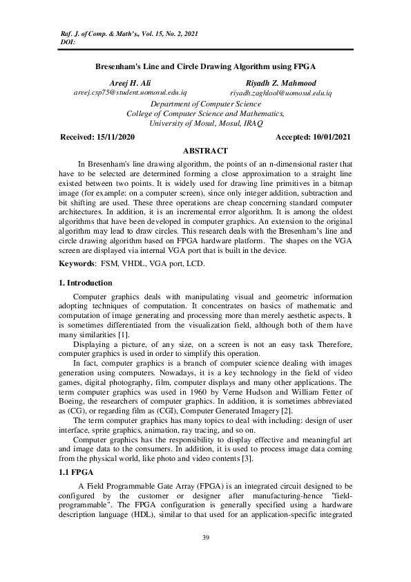 (PDF) Bresenham's Line and Circle Drawing Algorithm using FPGA