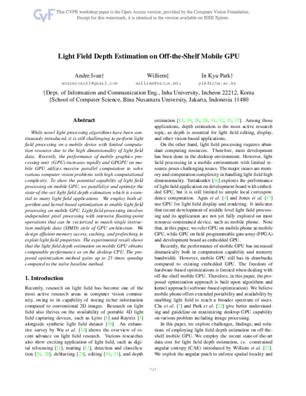 (PDF) Light Field Depth Estimation on Off-the-Shelf Mobile GPU
