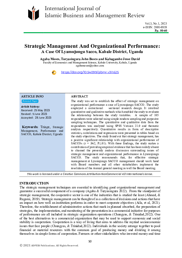 (PDF) Strategic Management And Organizational Performance
