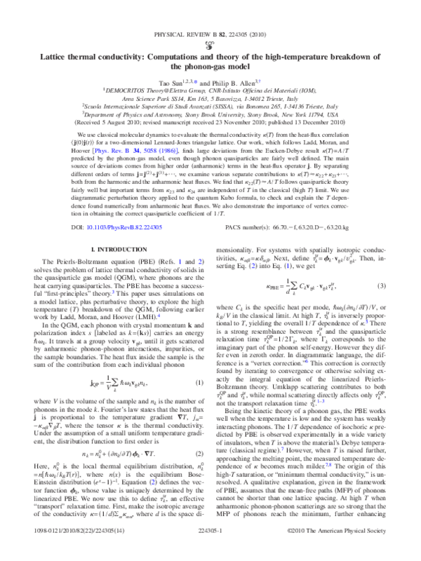 (PDF) Lattice thermal conductivity: Computations and theory of the high ...