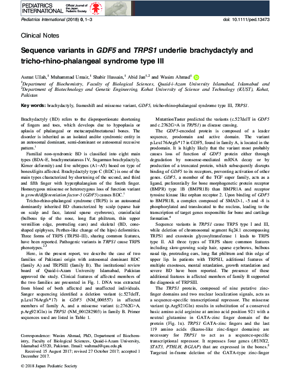 (PDF) Sequence variants in GDF5 and TRPS1 underlie brachydactyly and ...