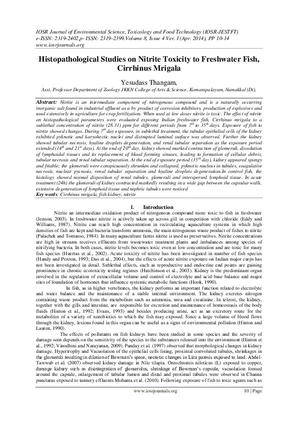 (PDF) Histopathological Studies on Nitrite Toxicity to Freshwater Fish ...