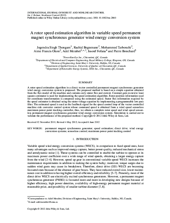 Pdf A Rotor Speed Estimation Algorithm In Variable Speed Permanent 9744