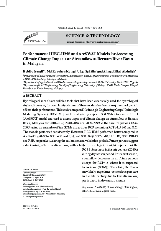(PDF) Performance of HEC-HMS and ArcSWAT models for assessing climate change impacts on ...