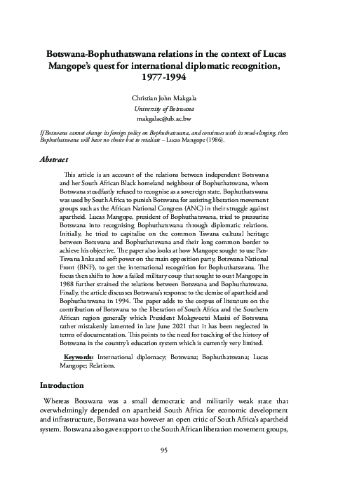 (PDF) Botswana-Bophuthatswana relations in the context of Lucas Mangope ...