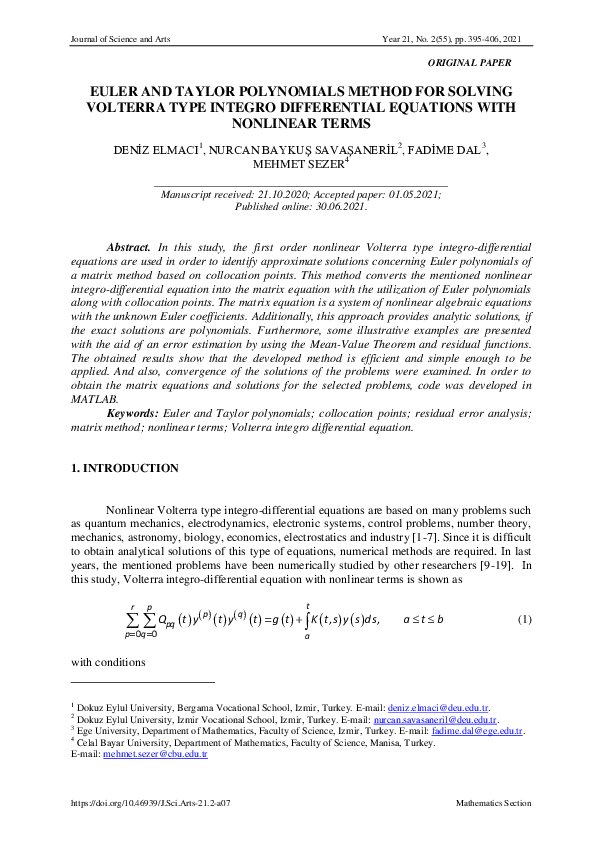 Pdf Euler And Taylor Polynomials Method For Solving Volterra Type Integro Differential