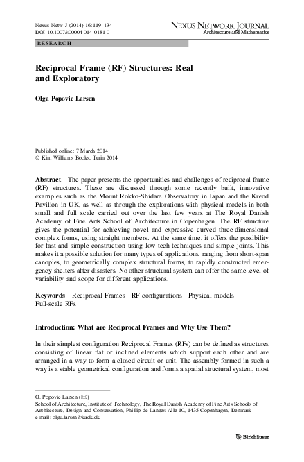 (PDF) Reciprocal Frame (RF) Structures: Real and Exploratory