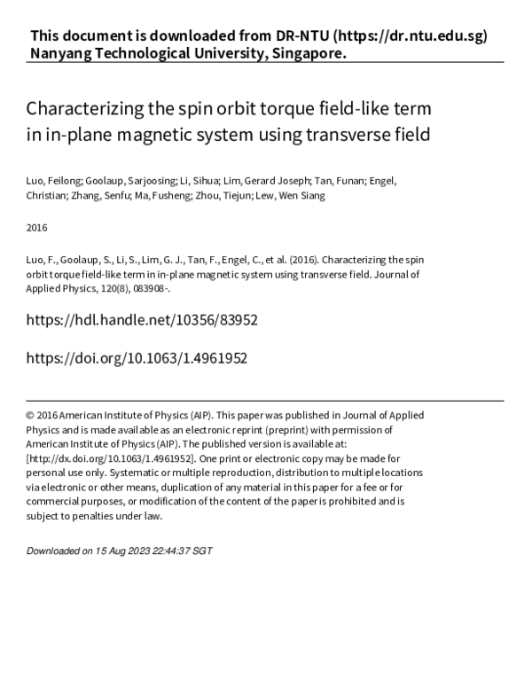 (PDF) Characterizing the spin orbit torque field-like term in in-plane ...